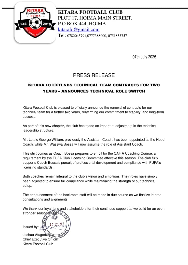 Kitara FC Extends Technical Team’s Contracts for 2 Years, Announces ...